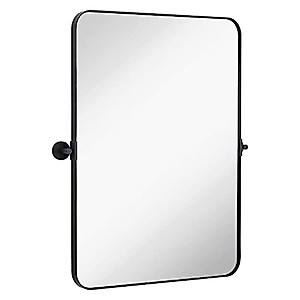 Hamilton Hills 22x30 Inch Brushed Black Metal Framed Mirror | Pivot Mirrors for Bathrooms | Rounded Corner Rectangular Frame with Tilt Mirror Brackets | Adjustable & Tilting Farmhouse Wall Vanity