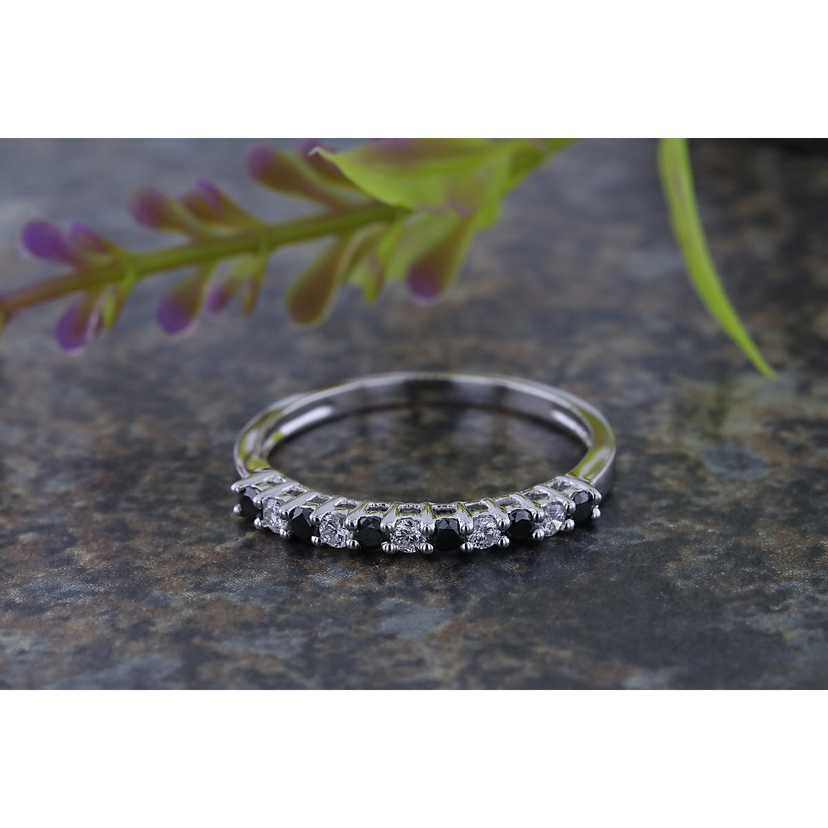 Dazzlingrock Collection Alternate Round Black Diamond & White Diamond Stackable Wedding Band for Women in 10K White Gold Size 7
