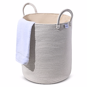 Woven Cotton Rope Basket Laundry Hamper with Dust Cover, Multi-Functional Storage for Clothes, Blankets, Toys, for Nursery, Bathroom, Bedroom, Dorms - Collapsible, Large, 14”x14”x17”, White