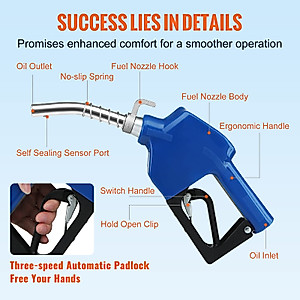 VEVOR Automatic Fuel Nozzle, 3/4' NPT Inlet Thread & 13/16' Spout, 11 GPM Max Flow Rate, Auto Shut Off, Aluminum & PVC Gas Pump Handle with 360° Swivel for Gasoline Diesel Kerosene Biodiesel, Blue,