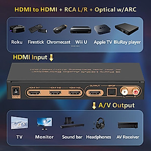 iArkPower 3 in 1 Out HDMI Switch Audio Extractor 4K@30Hz HDMI Switcher with Optical RCA L/R Audio Out