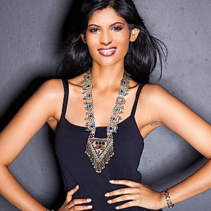 Duel On Jewel Afghan Tribal Womens Statement Kuchi Oxidized Metal Handmade Triangle Pendant Necklace in Multicolor - Bohemian Belly Dancing Dandiya Jewelry