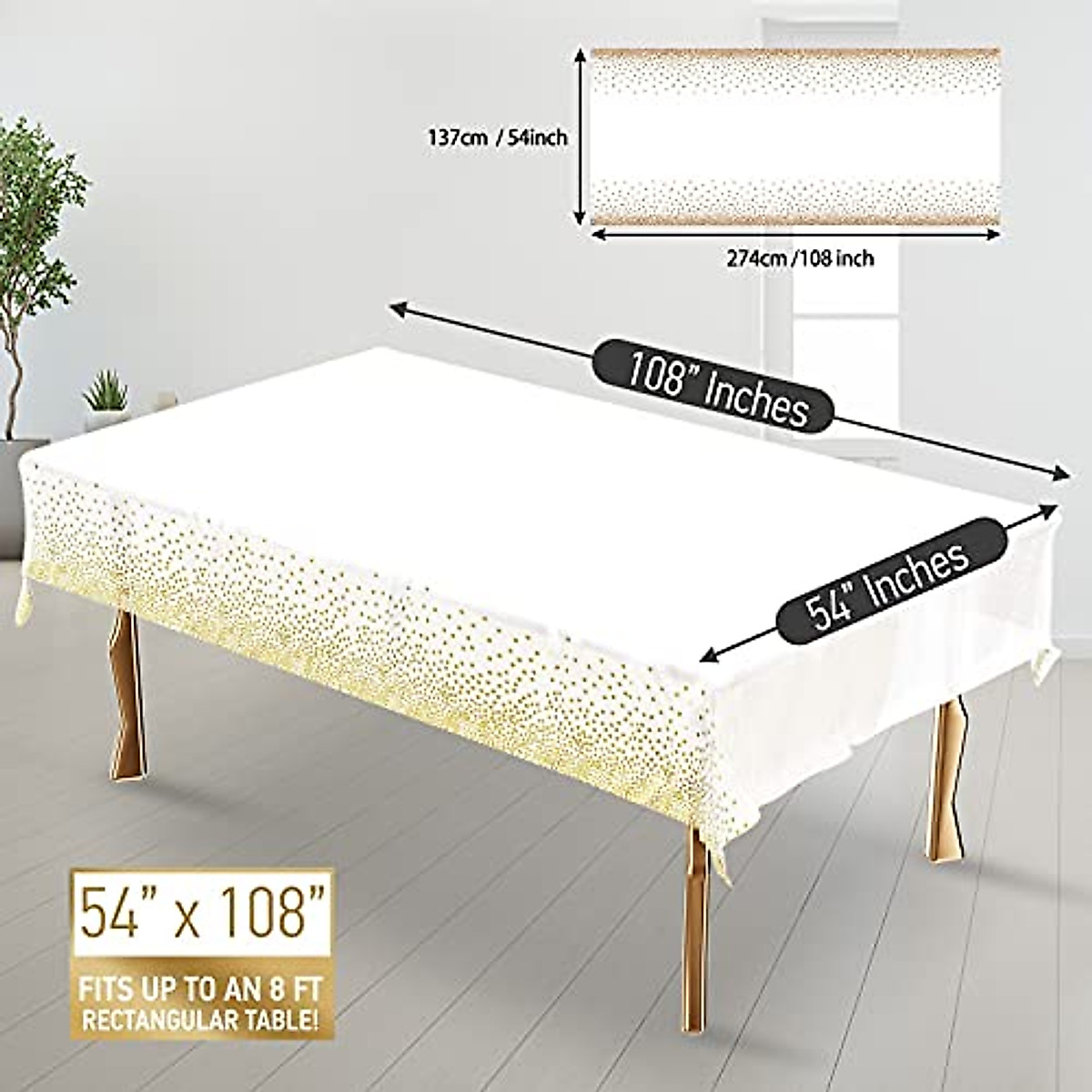 GoodSing 6 PCS Disposable Plastic Tablecloths, Plastic Rectangle White Dot Tablecloths for Indoor or Outdoor Tables Parties Christmas Picnic Birthdays and Weddings