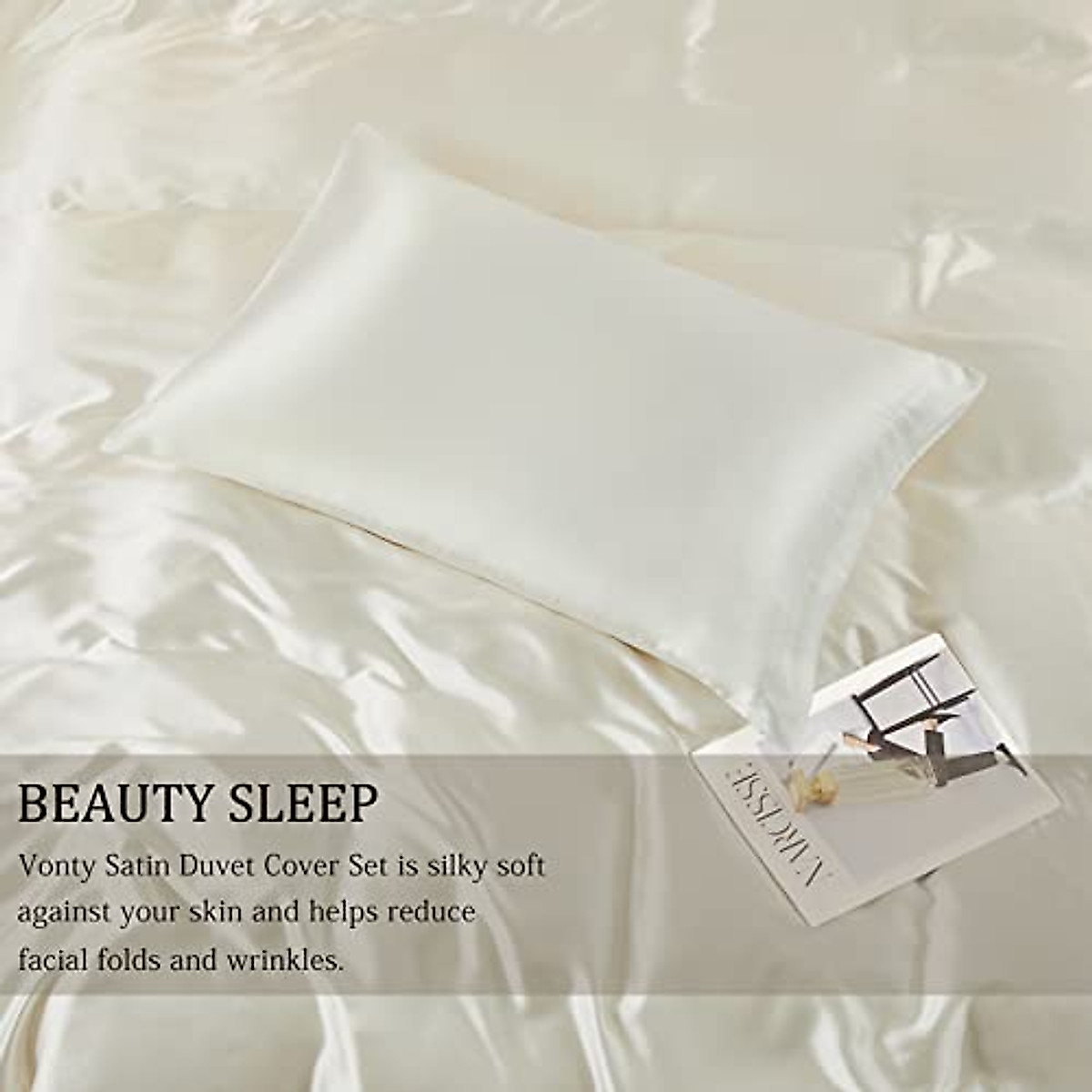 Vonty 3-Piece Silky Satin Duvet Cover Set Full/Queen Size Duvet Cover, Organic Natural 400TC Ivory White Duvet Cover Set - Luxury & Sexy Bedding Duvet Covers with Zipper Closure(No Comforter)