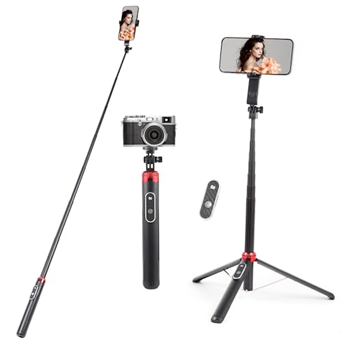 60" Phone Tripod, Selfie Stick Tripod with Remote Extendable All-in-1 Travel Light Phone Tripod Stand, Portable Camera Tripod Compatible with iPhone Android Camera GoPro