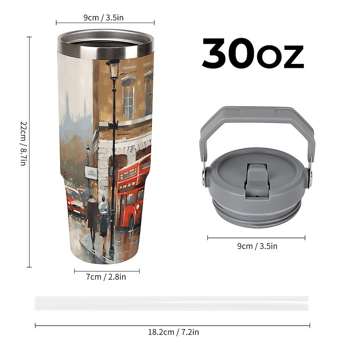 London Impression 30oz Stainless Steel Insulated Tumbler with Straw & Foldable Handle - Leakproof, Double-Wall Vacuum Travel Thermos for Hot/Cold Drinks, Non-Slip Base, Fit Cup Holders