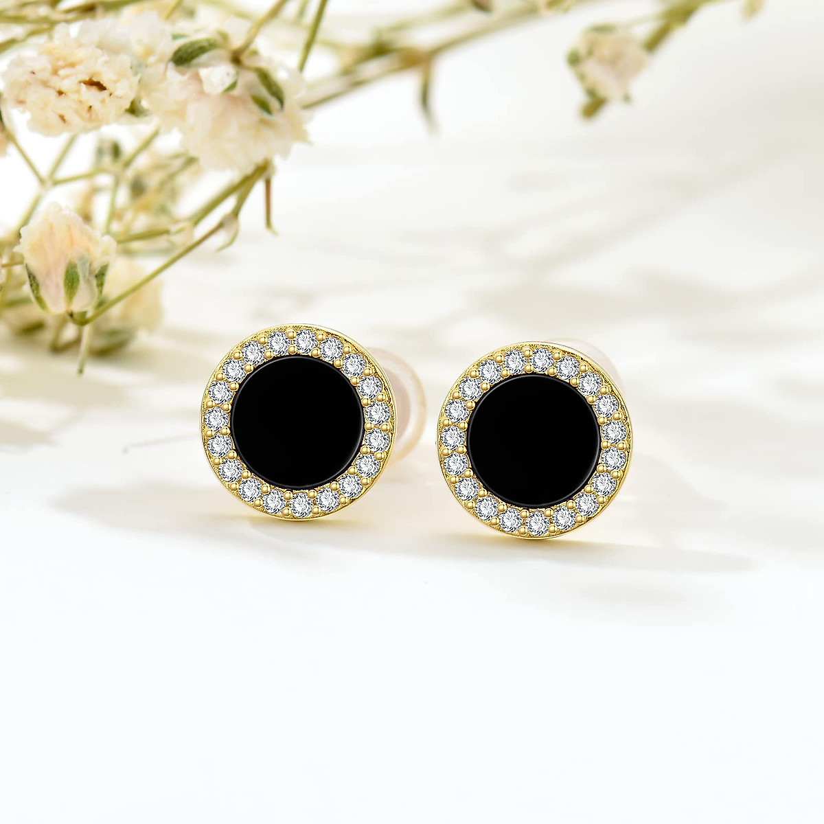 Black Onyx Stud Earrings Sterling Silver Plated 14k Gold Round Genuine Gemstone Earrings Jewelry Gift for Women