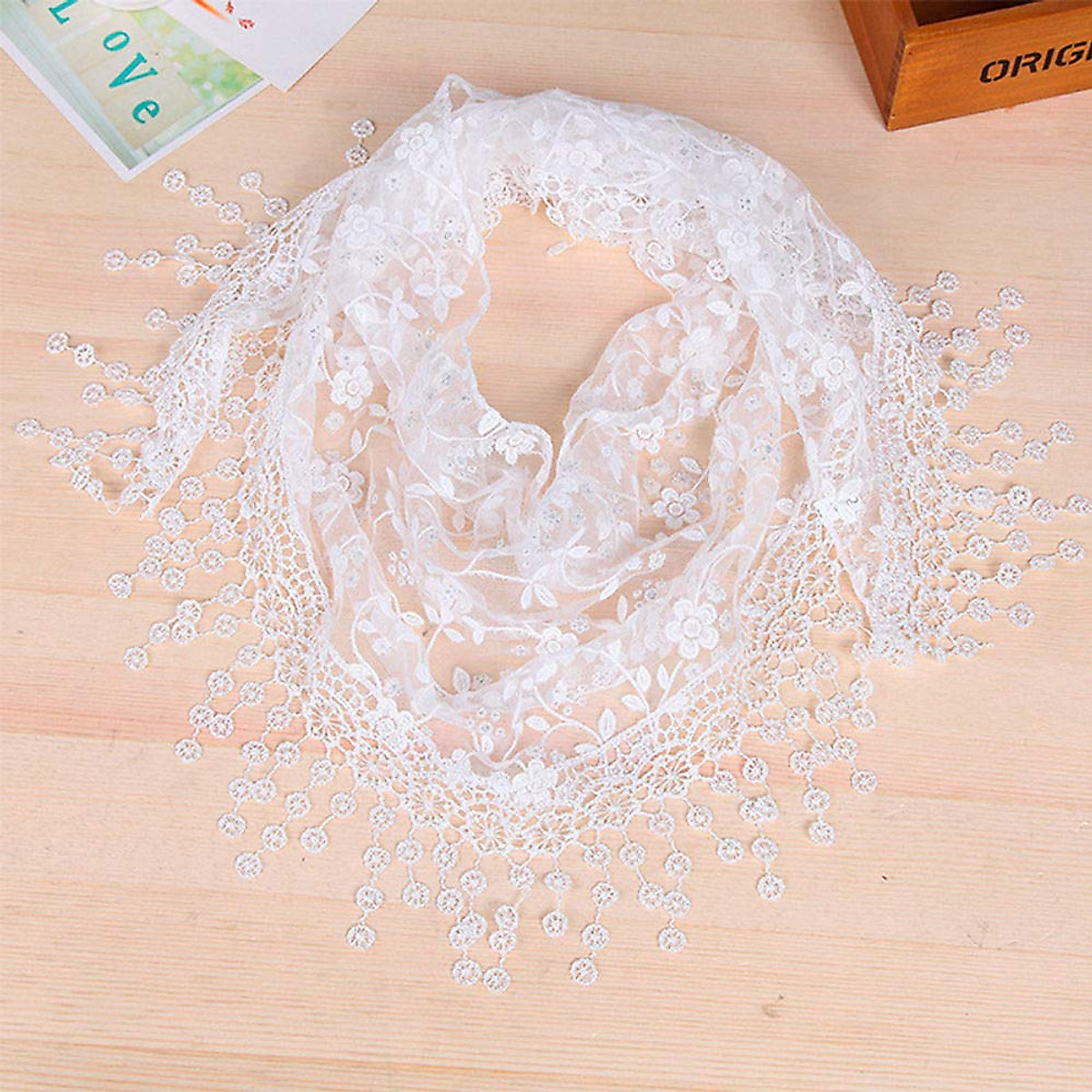 Cotchear Lace Scarf Floral Crochet Lightweight Tassel Sheer Wrap Scarves Shawl (White)