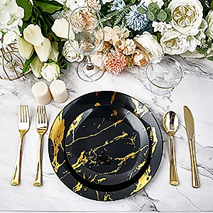 JOLLY PARTY 180PCS Disposable Dinnerware Set 30 Guest, 60 Black and Gold Plastic Plates, 30 Plastic Silverware, 30 Plastic Cups, Marble Design Disposable Plastic Dinnerware for Wedding and Parties