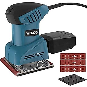 WESCO Palm Sander Tool, 2.0 Amp 1/4 Sheet Palm Sanders for Woodworking, 12,000 OPM Electric Sander Sander with Dust Collector, Punch Plate & 12 Sanding Discs, Vacuum Adapter, Quick Locking System
