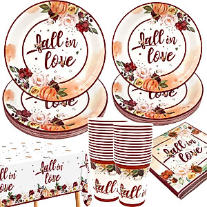 Zhynice Fall in Love Bridal Shower Decorations 121 Pcs Fall Wedding Disposable Dinnerware Autumn Floral Pumpkin Plates and Napkins Cups Tablecloth for Fall Theme Wedding Engagement Supplies 30 Guest