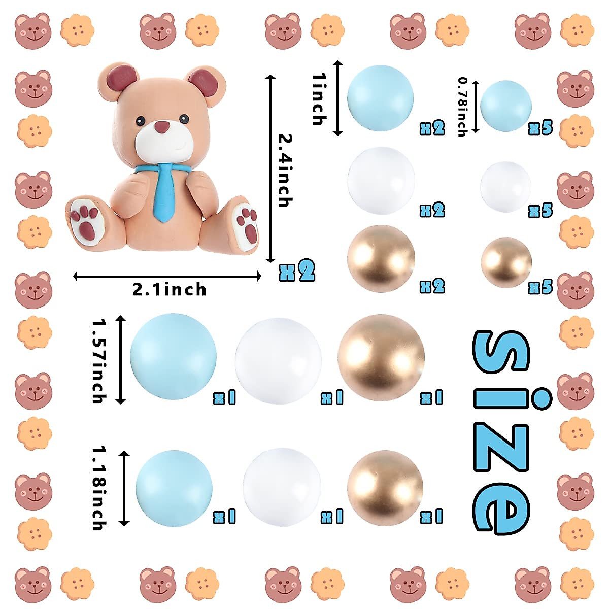 Bear Cake Toppers With Blue Gold White Cake Topper Mini Balloons, For Baby Shower Gender Reveal Party Birthday Party Bear Theme Party Supplies (Blue)