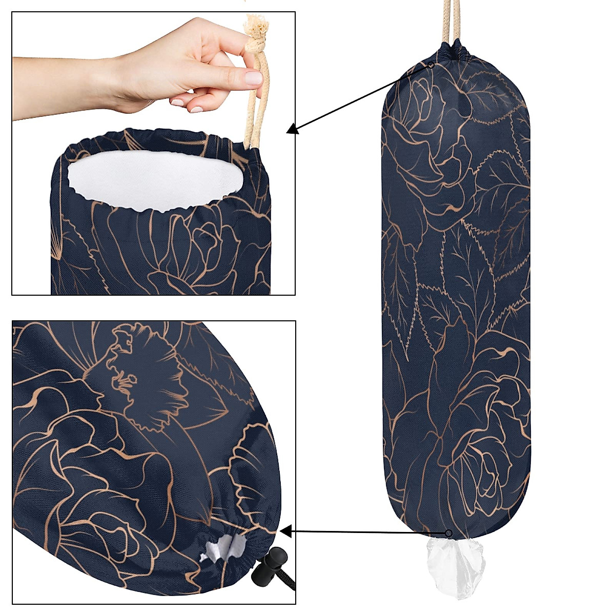 Abstract Floral Plastic Bag Holder, Art Rose Flower Grocery Bag Storage Holder Hanging Garbage Shopping Bag Trash Bags Organizer for Kitchen Home