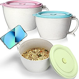 3 Pieces Microwave Wheat Straw Soup Bowl with Handle 40 oz Large Soup Mug with Phone Holder Dishwasher Safe Noodle Bowl with Lid Ramen Microwave Bowl for Ramen, Soup, Noodles, 3 Colors