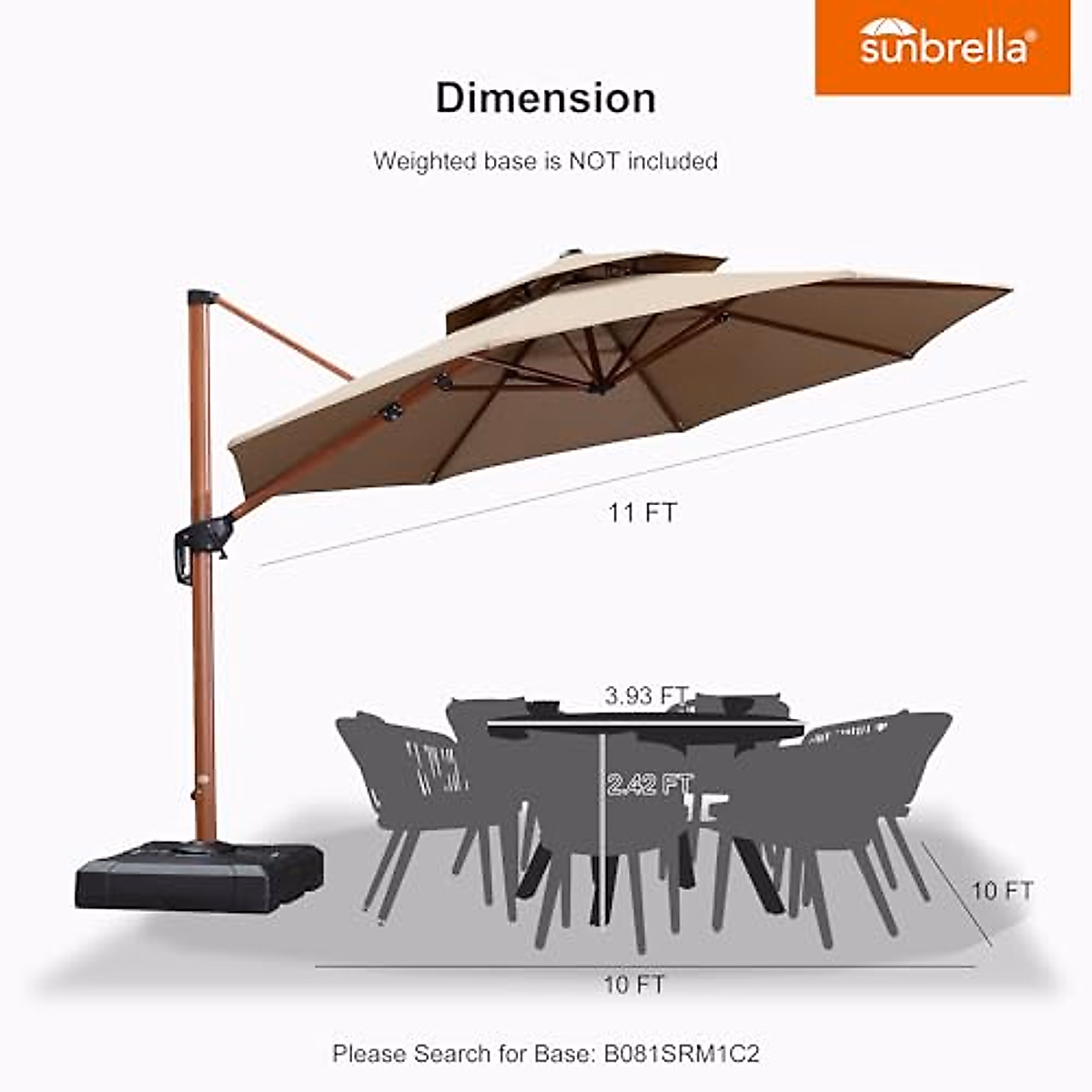 PURPLE LEAF 11 Feet Double Top Deluxe Wood Pattern Round Patio Umbrella Offset Hanging Umbrella Cantilever Umbrella Outdoor Market Umbrella Garden Umbrella, Heather Beige