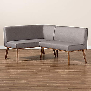 Baxton Studio Odessa Corner Sofa Bench Grey Fabric Upholstered and Walnut Brown Finished Wood 2-Piece Dining Corner Sofa Bench