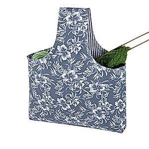 Teamoy 2 Pack Canvas Knitting Tote Bag and Knitting Needles Roll Holder for Yarn, Knitting Needles(14 Inches), Supplies and More, Perfect Size for Knitting on The Go(Large,Blue Flowers)