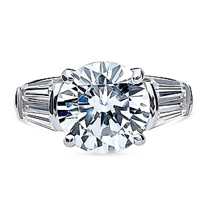 BERRICLE Sterling Silver 3-Stone Wedding Engagement Rings Round Cubic Zirconia CZ Statement Cocktail Anniversary Ring for Women, Rhodium Plated Size 7