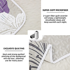 DJY 3 Pieces Quilt Set King Purple Lily Pattern Quilt Coverlet Set Boho Floral Bedspread with 2 Pillow Shams Lightweight Microfiber Elegant Bedding Quilt Set All Season (Purple, 104"x90")