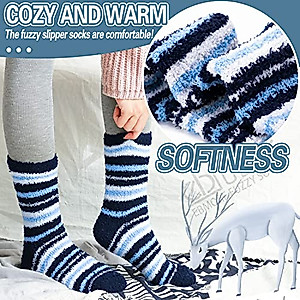Fuzzy Socks for Men & Women Slipper Fluffy Warm Winter Non Slip Skid Thick Cozy Sleep Socks with Grips Cabin Soft Stocking Stuffers Christmas Gift Socks（Stripe 6 Pairs)