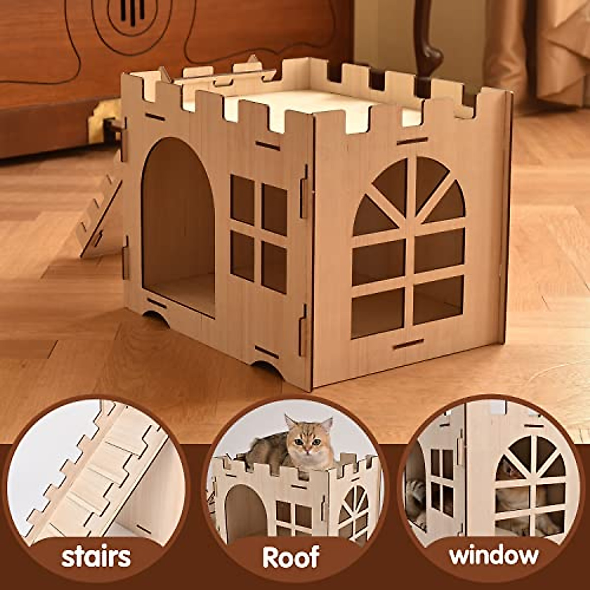 Extra Large Wooden Rabbit Castle with Ladder - Wood Cat Beds for Indoor Cats, Rabbit Hideout Bunny House Luxurious Small Animal Rest and Play House for Chinchilla Guinea Pig Hamster Hideout Habitat