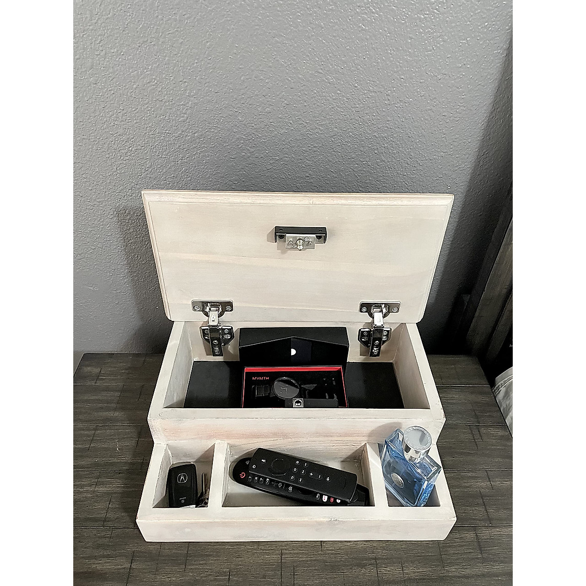 Concealed Catch-All – Concealment Valet Tray Organizer – Jewelry and Watch RFID Lock Box – EDC Tray (Whitewashed Wood)