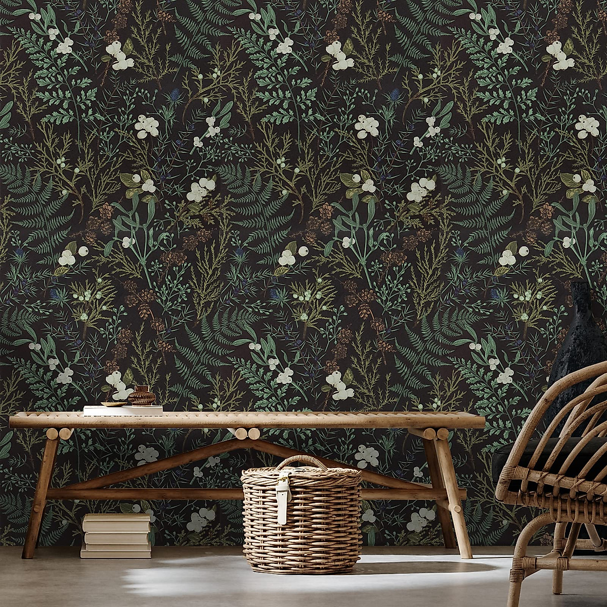VaryPaper 17.7''x118'' Tropical Moss Leaf Peel and Stick Wallpaper Black Floral Self Adhesive Removable Contact Paper Decorative for Bedroom Walls Cabinets Shelves