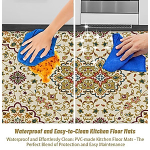 Tyrot Boho Kitchen Mat Set of 2 Cushioned Anti Fatigue Floor Mat PVC Rubber Kitchen Rugs Non Slip Waterproof Damask Floral Kitchen Rugs and Mats Comfort Standing Memory Foam Mat for Kitchen