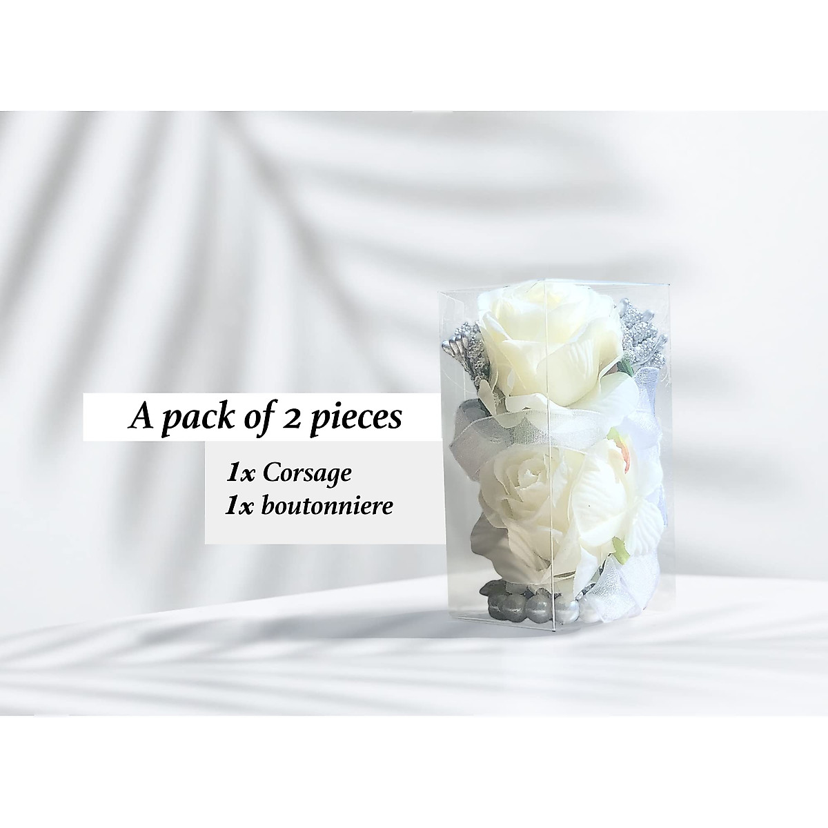 SUNEE - 2 Pcs Wedding Corsage and boutonniere White Roses Pearl Wedding Prom Wristlet Band Bracelet for Women Bride Bridesmaid