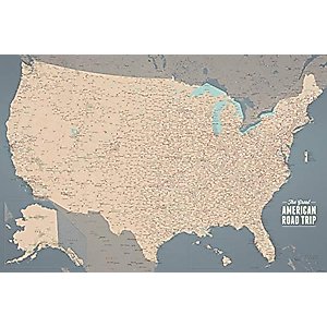 USA Road Trip & Travel Highway Tracing Map 24x36 Poster (Tan & Slate Blue)