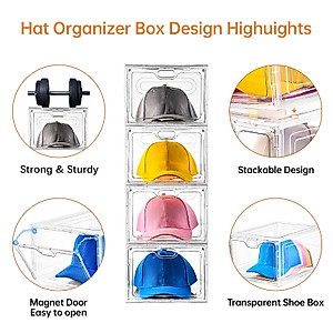8 Pack Hat Organizer for Baseball Caps,Clear Plastic Baseball Cap Organizer with Magnetic Door,Stackable Hat Storage for Baseball Caps, Easy to Assemble Stylish Hat Display Case,Hat Box,Hat Rack