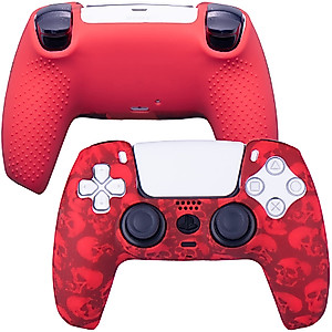 9CDeer 1 Piece of Silicone Transfer Print Protective Cover Skin + 10 Thumb Grips for PlayStation 5 / PS5 Controller Skull Red