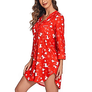 Ekouaer Nightshirts for Women Sleepwear Cotton Button Up Nightgowns Christmas Soft Pajamas Dress