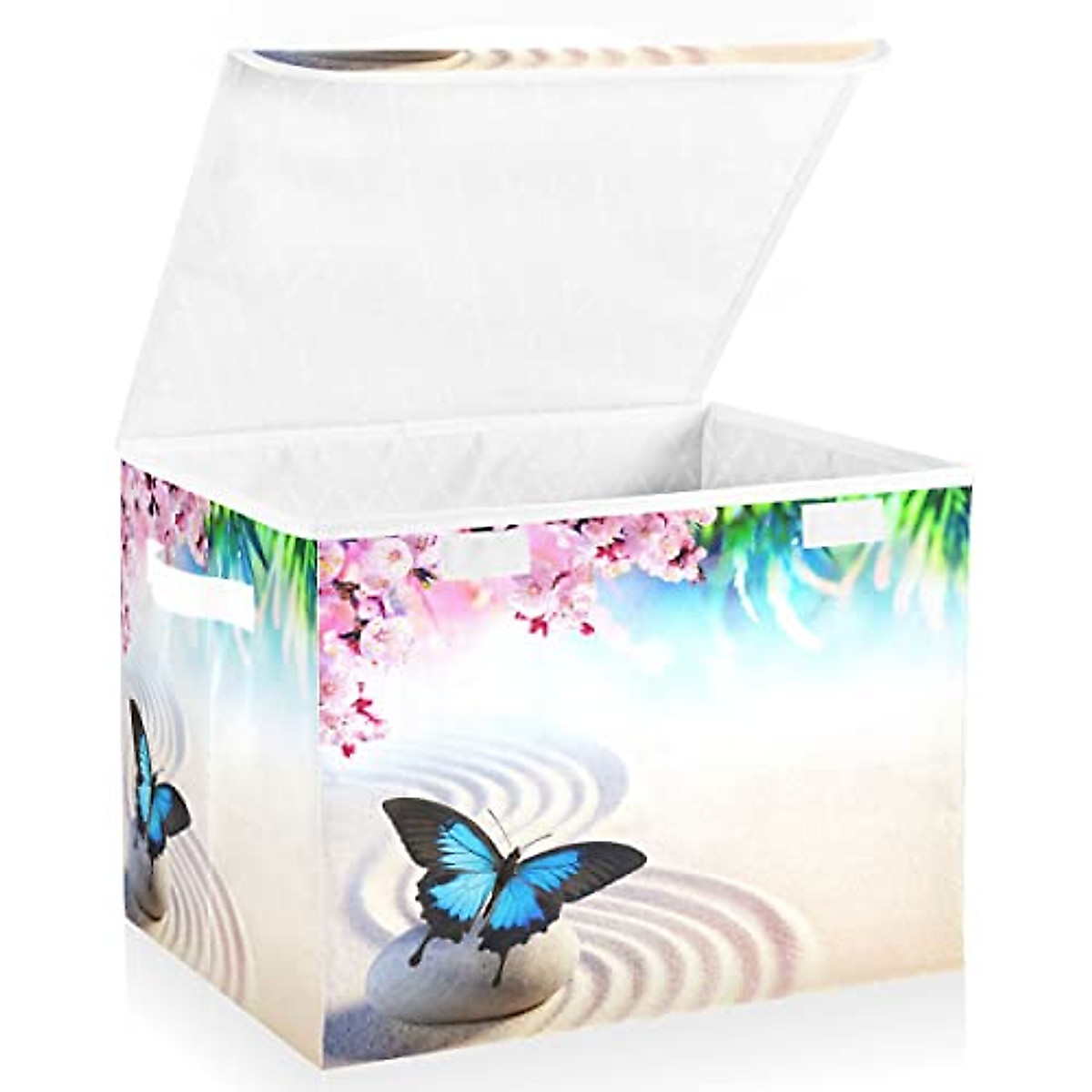 Storage Bins with Lids Foldable Storage Baskets Storage Cubes Collapsible Closet Organizer Containers with Cover Japanese Butterfly Zen and Sakura Blossoms for Home Office Organizer Closet, Shelves, T