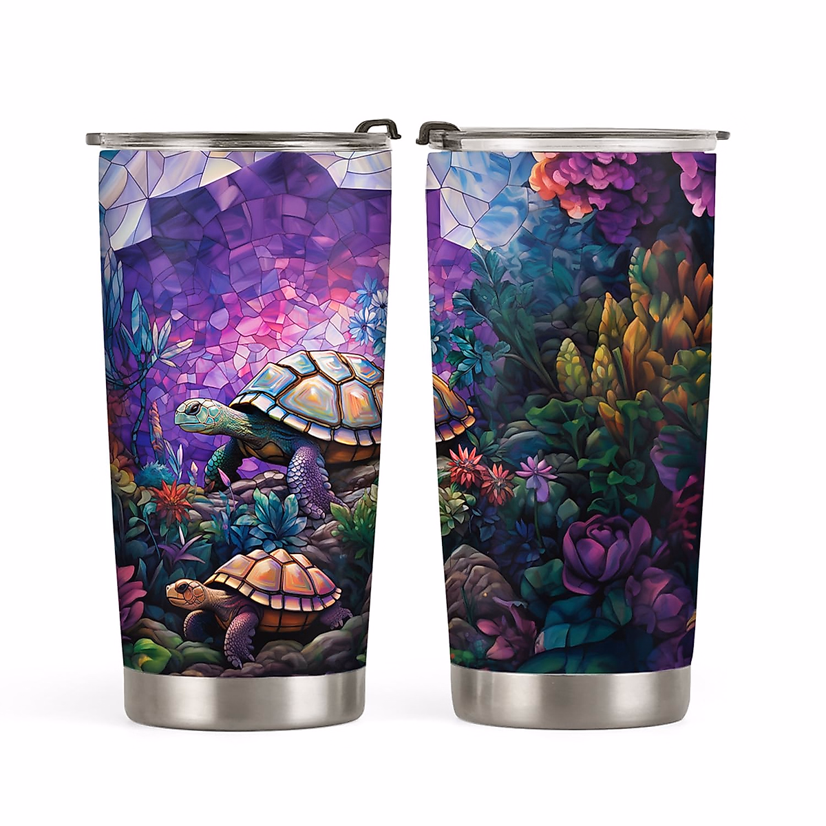 20oz Purple Stained Glass Flower Sea Turtle Tumbler, Gifts for Turtle Lovers, Ocean, Beach Gifts, Coffee Thermos for Women, Stainless Steel Double Wall Vacuum Insulated Coffee Mug, Travel Cup with Lid
