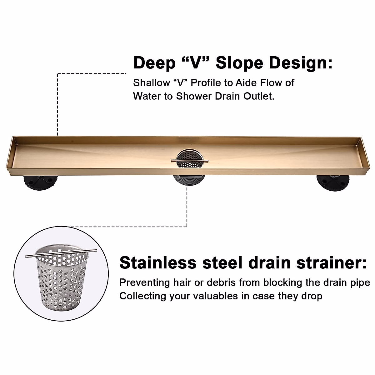AVSIILE Linear Shower Floor Drain, Brushed Gold 24 Inch 304 Stainless Steel Bathroom Drains Kit, Rectangular Shower Trench Drain with Reversable Tile-in Pattern Drain Cover & Hair Catcher