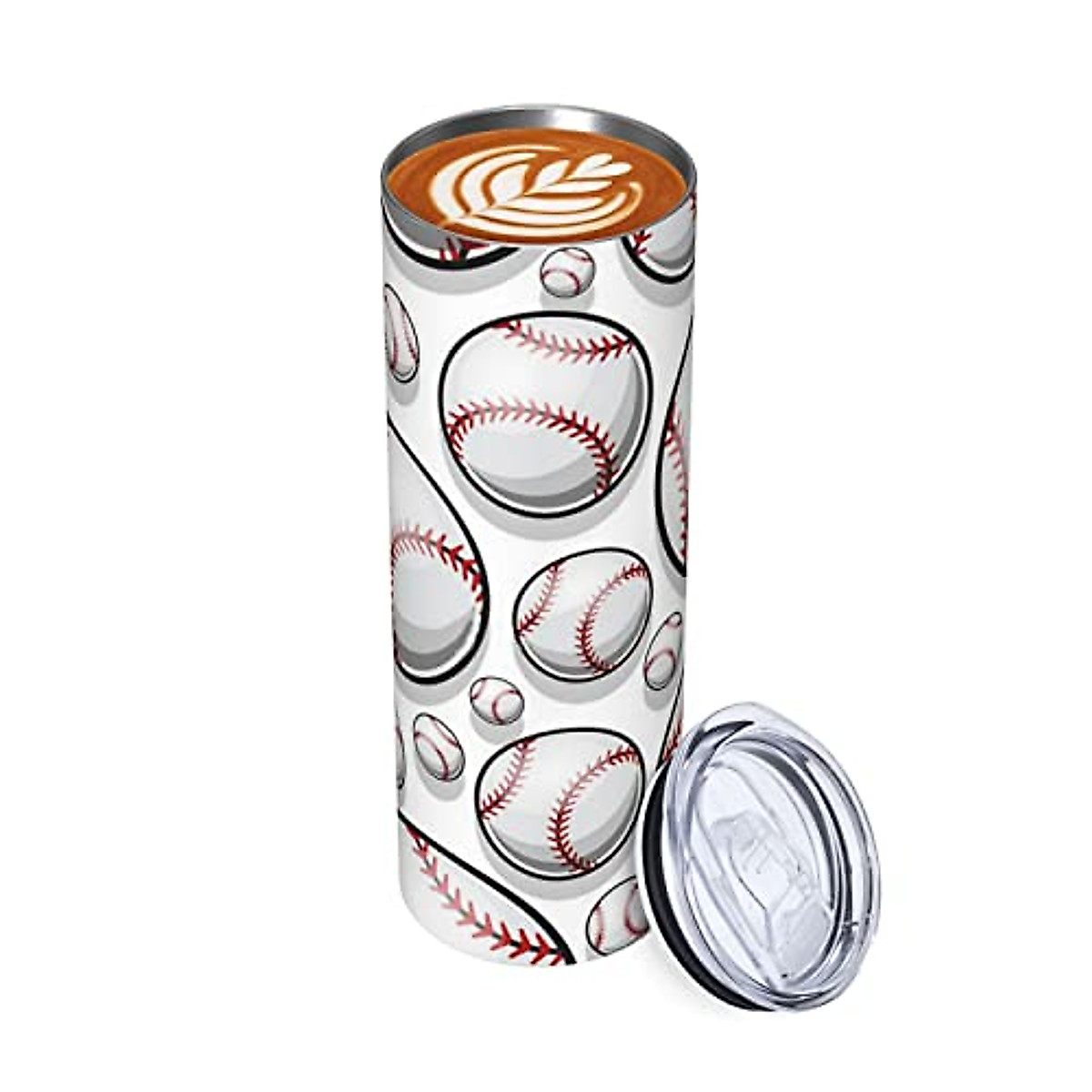 Stainless Steel Skinny Tumbler Baseball Pattern Travel Cup 20 Oz Double Wall Slim Insulated Coffee Mug With Splash Proof Lid & Straw & Cleaning Brush For Home Office