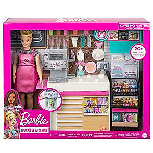 Barbie Coffee Shop with Doll and 20+ Realistic Play Pieces: Coffee Shop, Coffee-Smoothie Maker, Milk, Syrup, Snacks & More; for Ages 3 Years Old & Up - GMW03