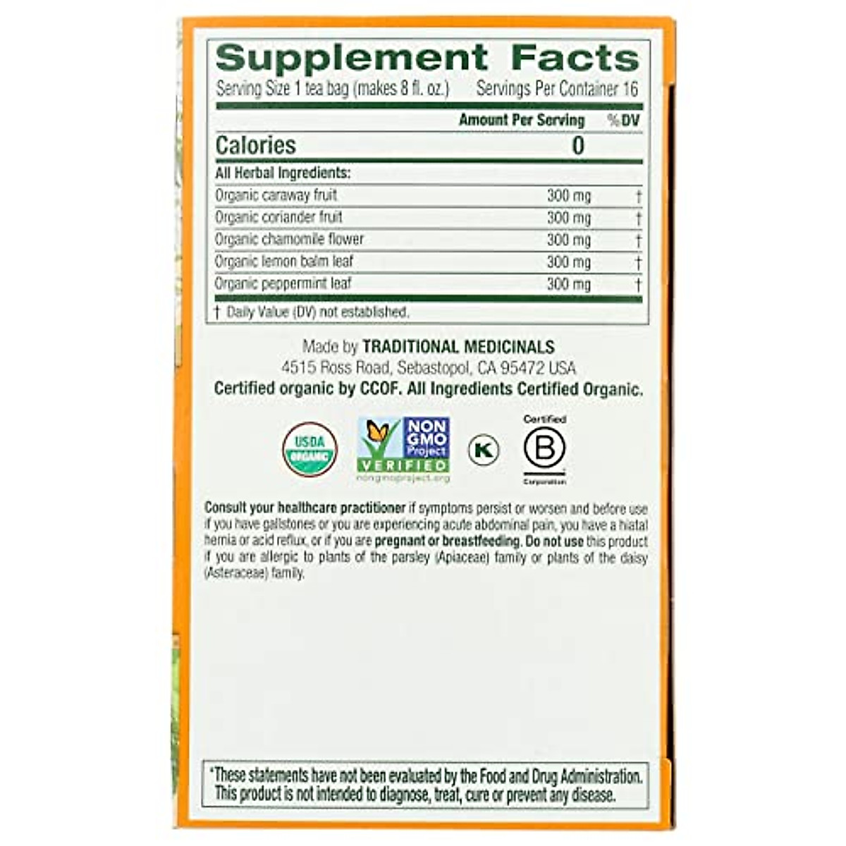 Traditional Medicinals Organic Gas Relief Chamomile Mint Herbal Tea, Relieves Gas & Bloating, (Pack of 1) - 16 Tea Bags