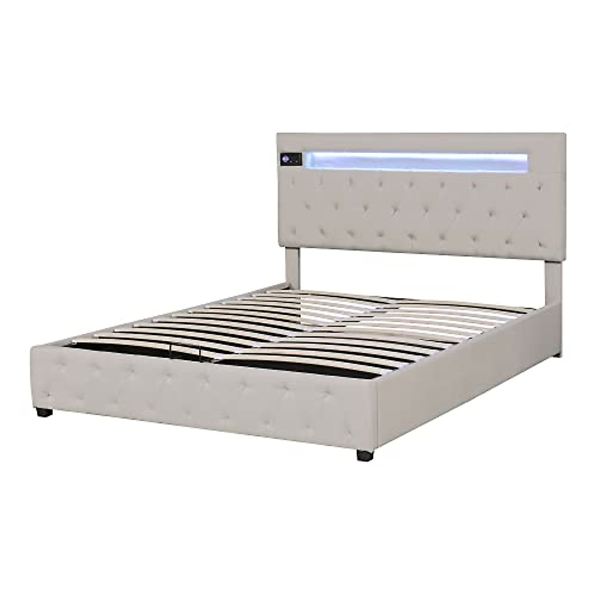 Queen Size Upholstered Platform Bed with Gas Lift up Storage,Adjustable Headboard Featured w/Bluetooth Audio, LED Light and USB Charging,Hydraulic Storage Platform Bed for Kids Teens Adults