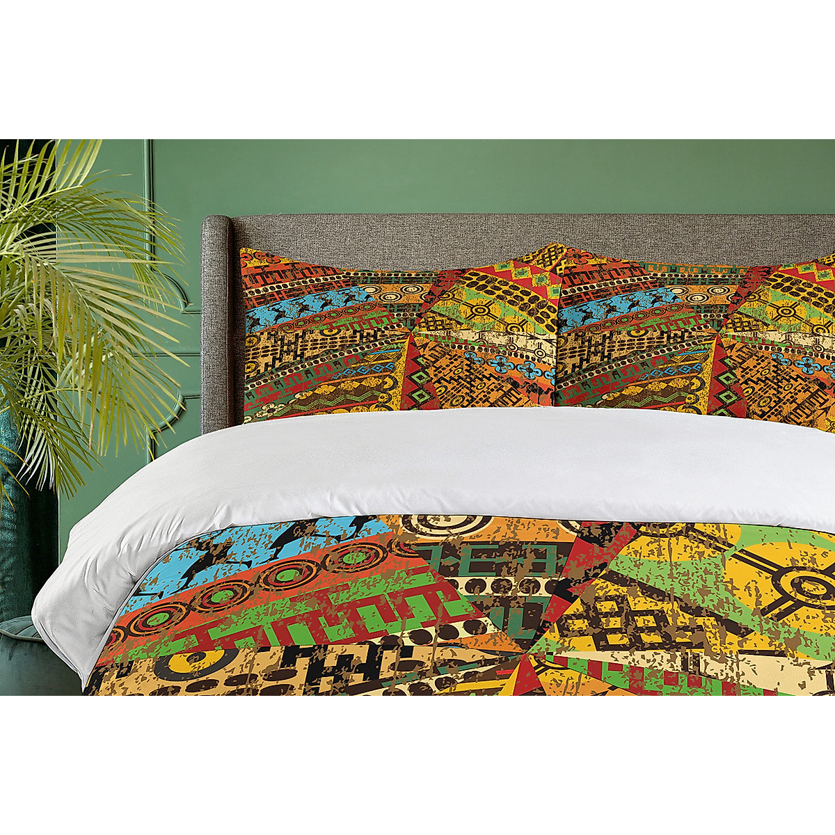 Ambesonne African Duvet Cover Set, Grunge Collage Motifs Traditional Art Ornate Geometric, Decorative 3 Piece Bedding Set with 2 Pillow Shams, Queen Size, Yellow Orange