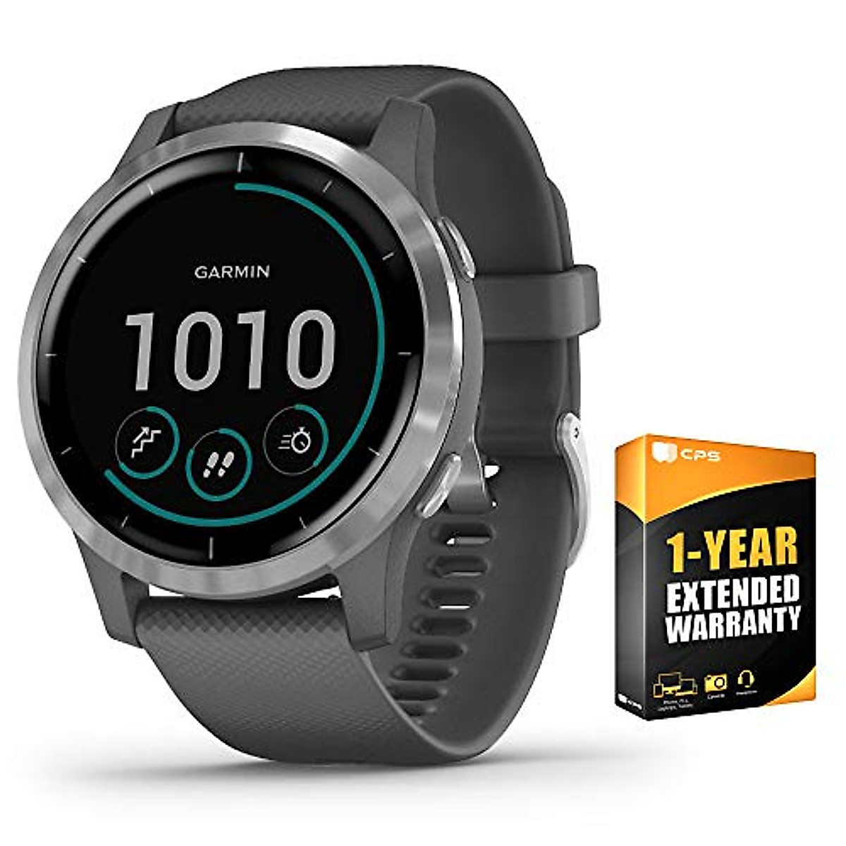 Garmin 010-02174-01 Vivoactive 4 Smartwatch Shadow Gray/Stainless Bundle with CPS Enhanced Protection Pack