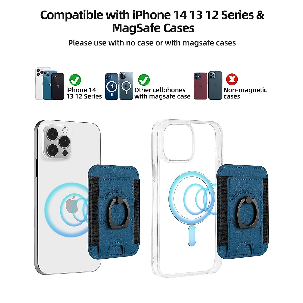 ExtreLife Upgraded for Magsafe Wallet, Strongest Magnetic Wallet, for iPhone Wallet Magsafe with Ring Grip, Magnetic Card Holder Wallet for iPhone 15/14/13/12 Series, Fit 7 Cards, Vegan Leather, Blue