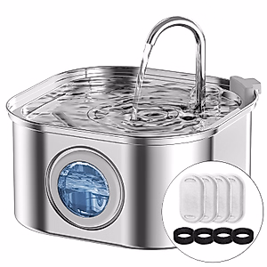 NautyPaws Cat Water Fountain Stainless Steel: 108oz/3.2L Automatic Pet Water Fountain - Dog Water Dispenser with Water Level Window - for Cats Inside with 4 Replacement Filters and 4 Sponges