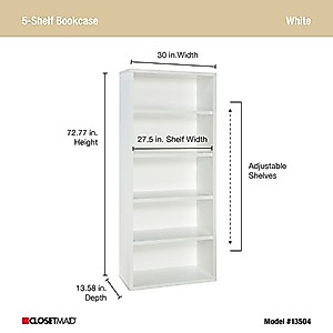 ClosetMaid Bookshelf with 5 Shelf Tiers, Adjustable Shelves, Tall Bookcase Sturdy Wood with Closed Back Panel, White Finish