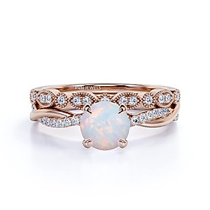 PVN Jewels Halo 2-Piece Art Deco Wedding Engagement Bridal Set Ring Band Round Simulated Opal & CZ 925 Sterling Silver 5.5