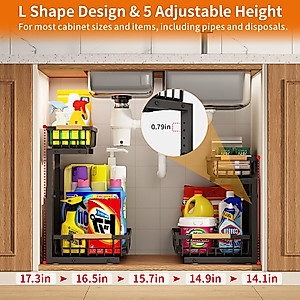 Metal Under Sink Organizer with Cabinet Light, 2 PCS Height Adjustable (10.1"-13.3") Bathroom Organizers and Storage, 2 Tier Pull Out Cabinet Organizer Drawers, Under Sink Storage Shelves for Kitchen