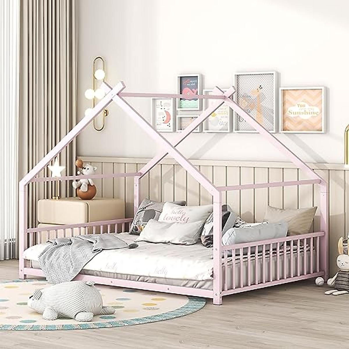HANLIVES Full House Bed for Kids, Metal Floor Bed Frame Full with Headboard and Footboard, Full Kids Bed Floor Bed for Toddlers, Girls, Boys(Pink)