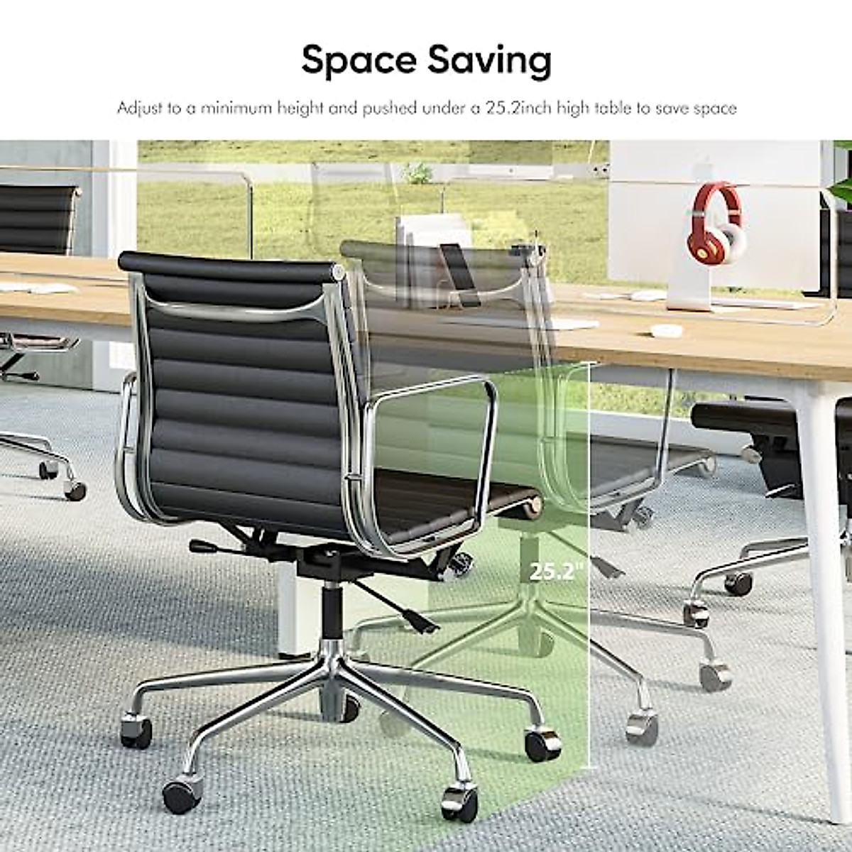 Furgle Ribbed Office Chair, Black Genuine Leather Desk Chair, Mid Back, Adjustable Ergonomic Computer Desk Chair with Aluminium Alloy Frame and Silent Nylon Wheels Load Capacity Up to 360 lbs