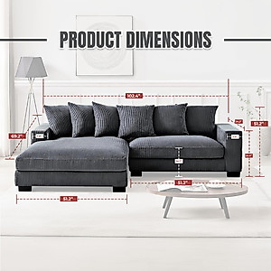 Container Furniture Direct Luxe Oversized Two-Piece Sectional Couches for Living Room, 102.4-Inch L Shaped Sofa with Chaise, Upholstered with Corduroy Fabric, Gray - Left Facing